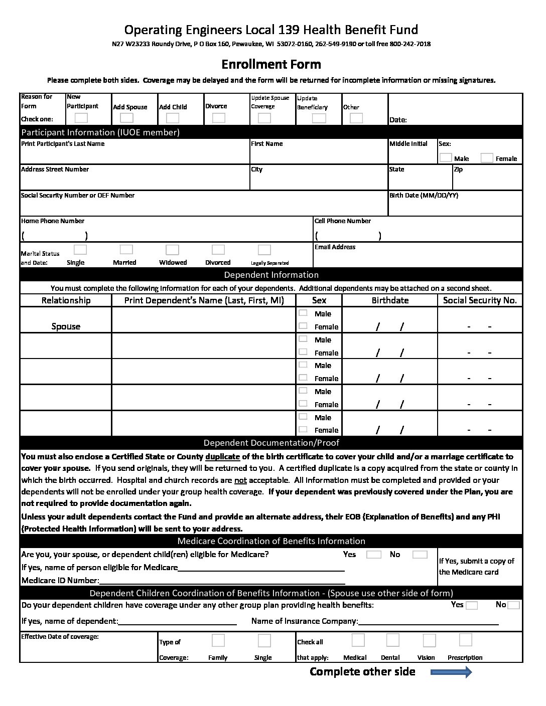 Enrollment Form 071715 – Operating Engineers Local 139 Health Benefit Fund