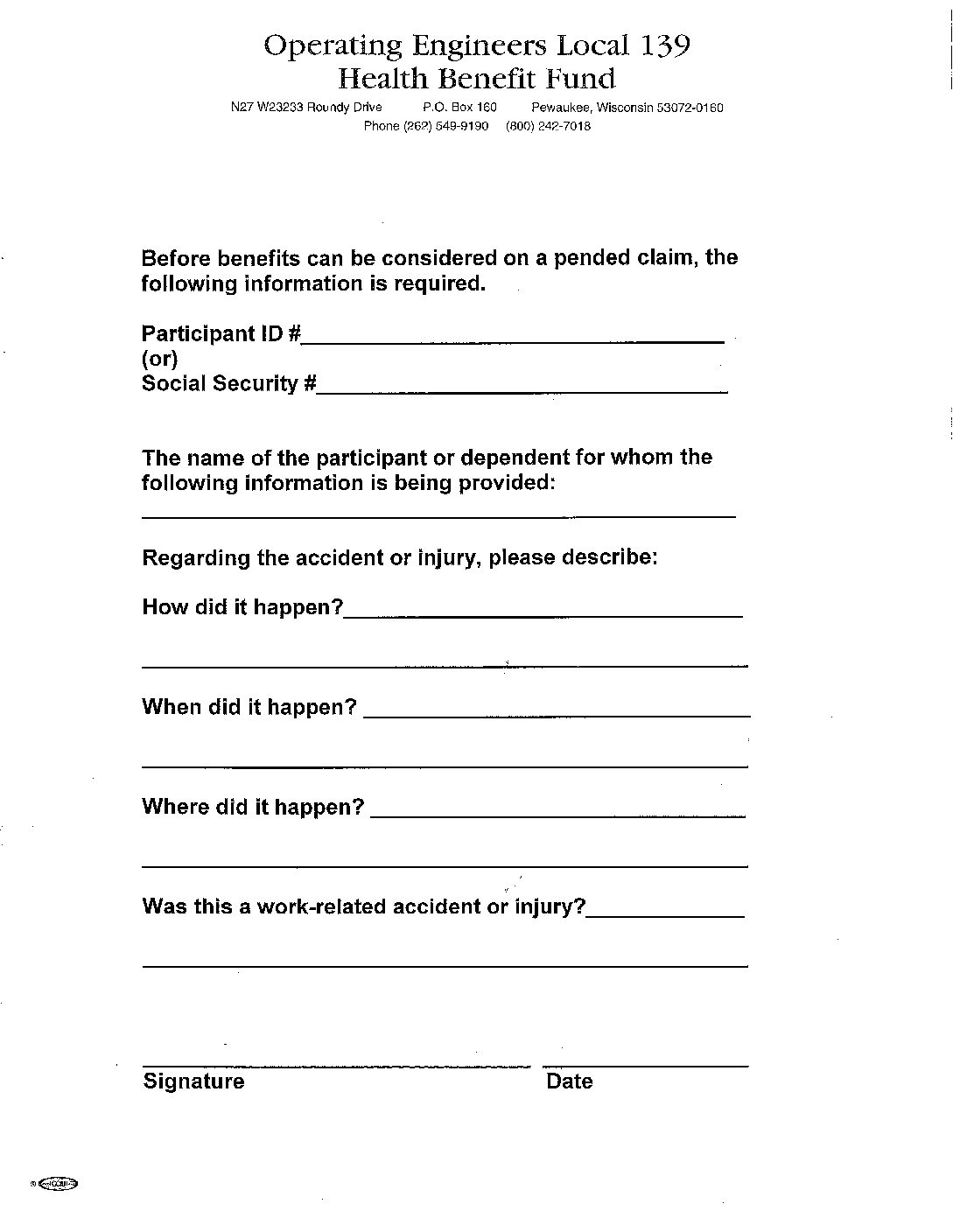 IUOE139 Injury Form – Operating Engineers Local 139 Health Benefit Fund